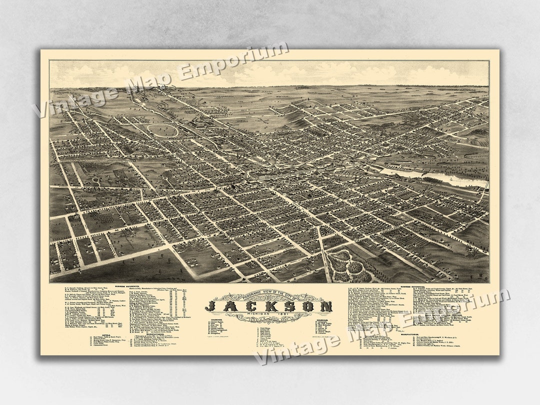 1881 Jackson, Michigan Map - Panoramic Old City Map - Historic Birds ...