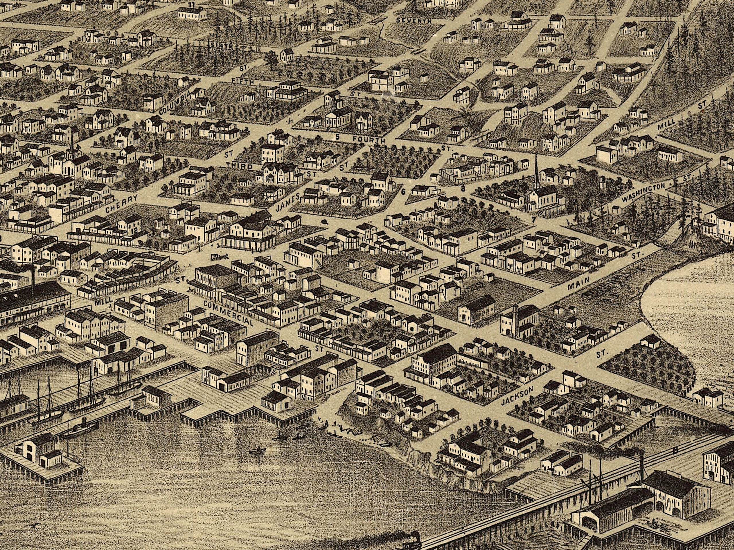 1878 Seattle, Washington Map - Panoramic Old City Map - Historic Birds ...