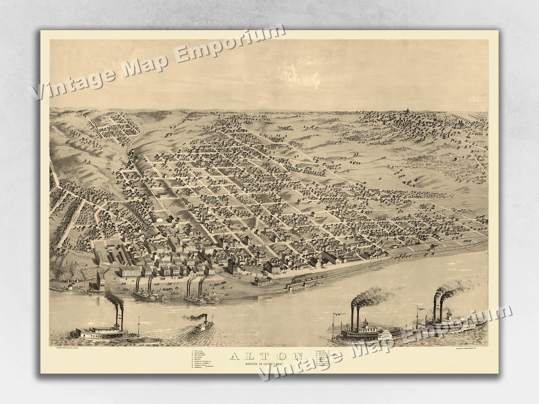 1867 Alton, Illinois Map - Panoramic Old City Map - Historic Birds Eye ...