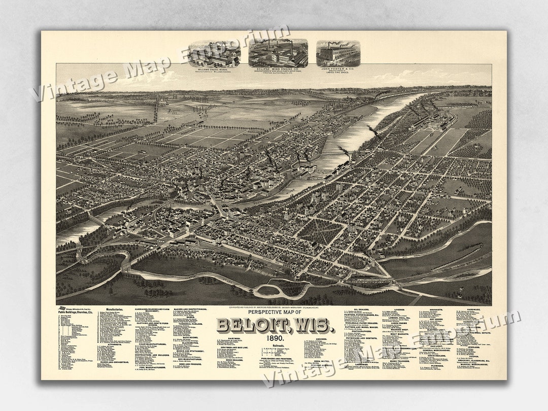 1890 Beloit, Wisconsin Map - Panoramic Old City Map - Historic Birds ...