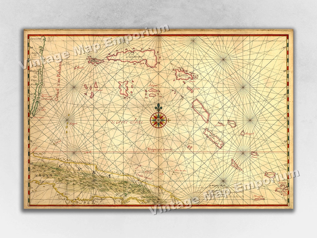 1650 Bahamas Caribbean Historic Nautical Map - Vintage Old World Wall ...