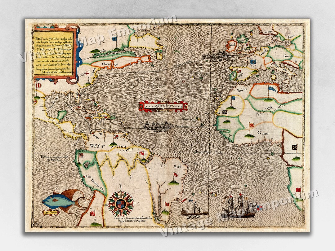 1585 the Voyages of Sir Francis Drake - Vintage Old World Nautical Wall ...