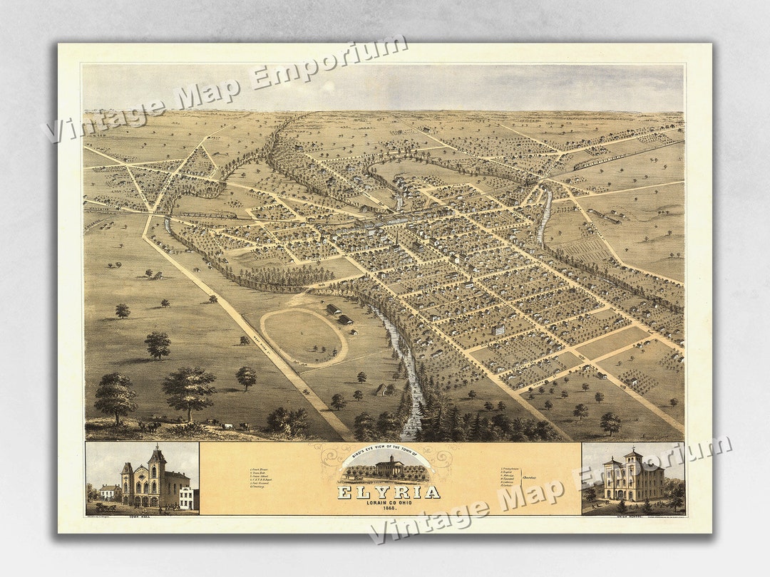 1868 Elyria, Ohio Map - Panoramic Old City Map - Historic Birds Eye ...