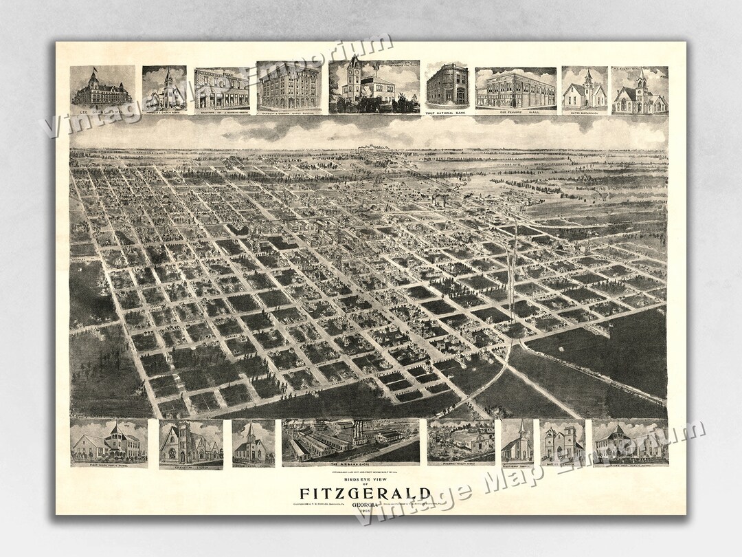 1908 Fitzgerald, Georgia Map - Panoramic Old City Map - Historic Birds ...