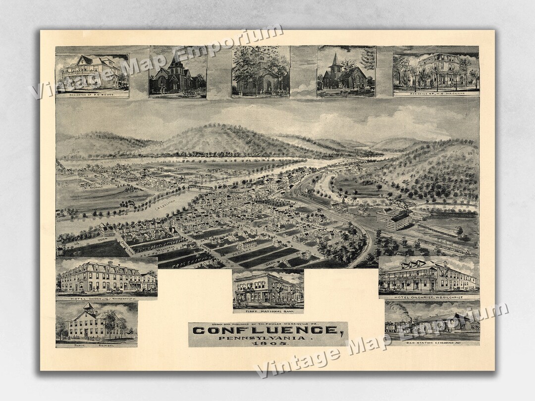 1905 Confluence, Pennsylvania Map - Panoramic Old City Map - Historic ...