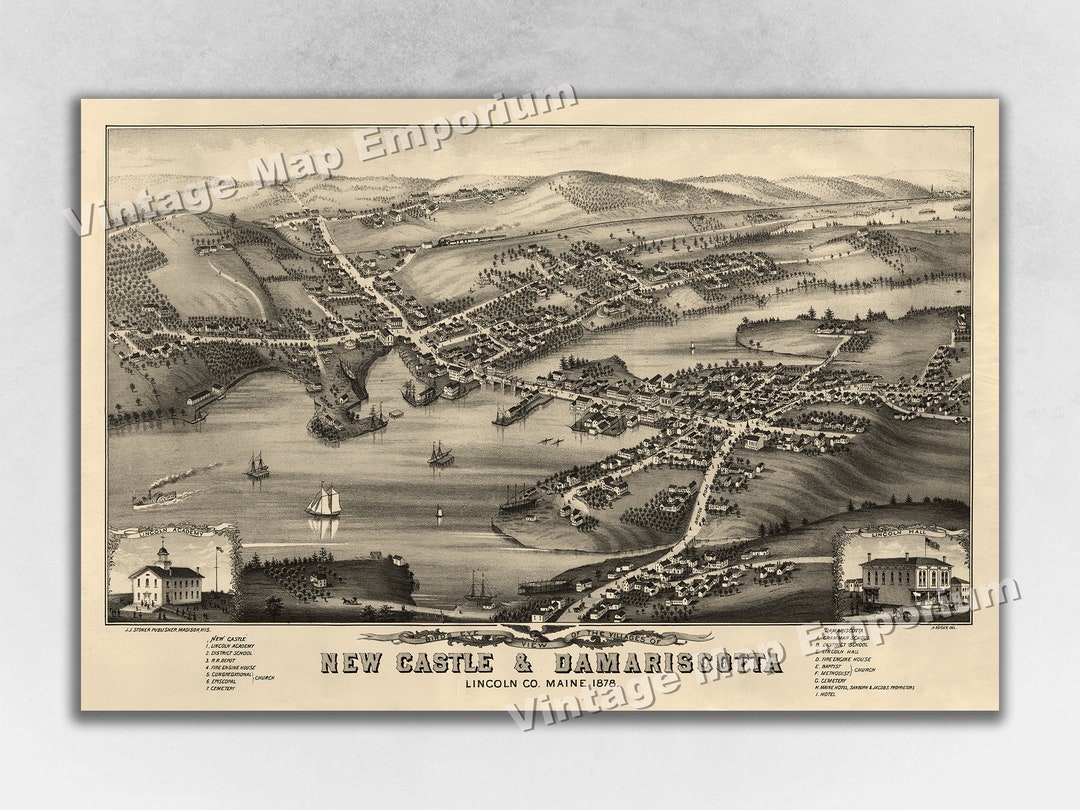 1878 New Castle, Maine Map - Panoramic Old City Map - Historic Birds ...