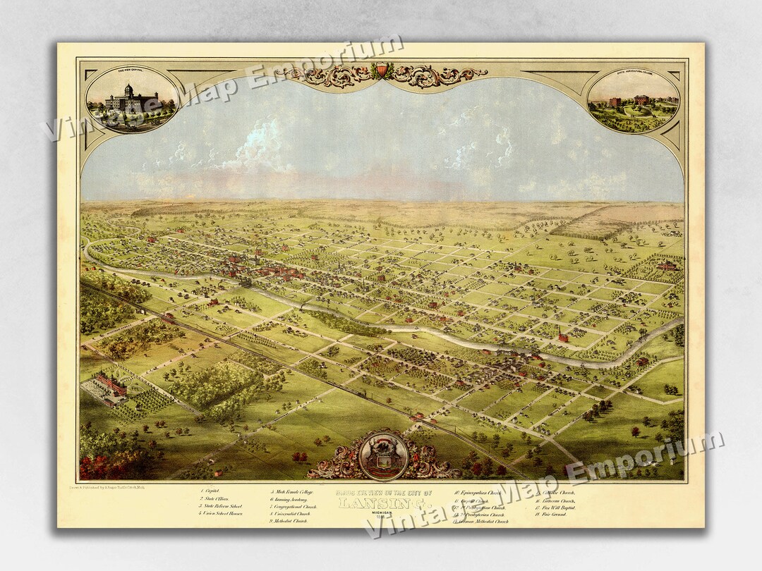 1866 Lansing, Michigan Map - Panoramic Old City Map - Historic Birds ...