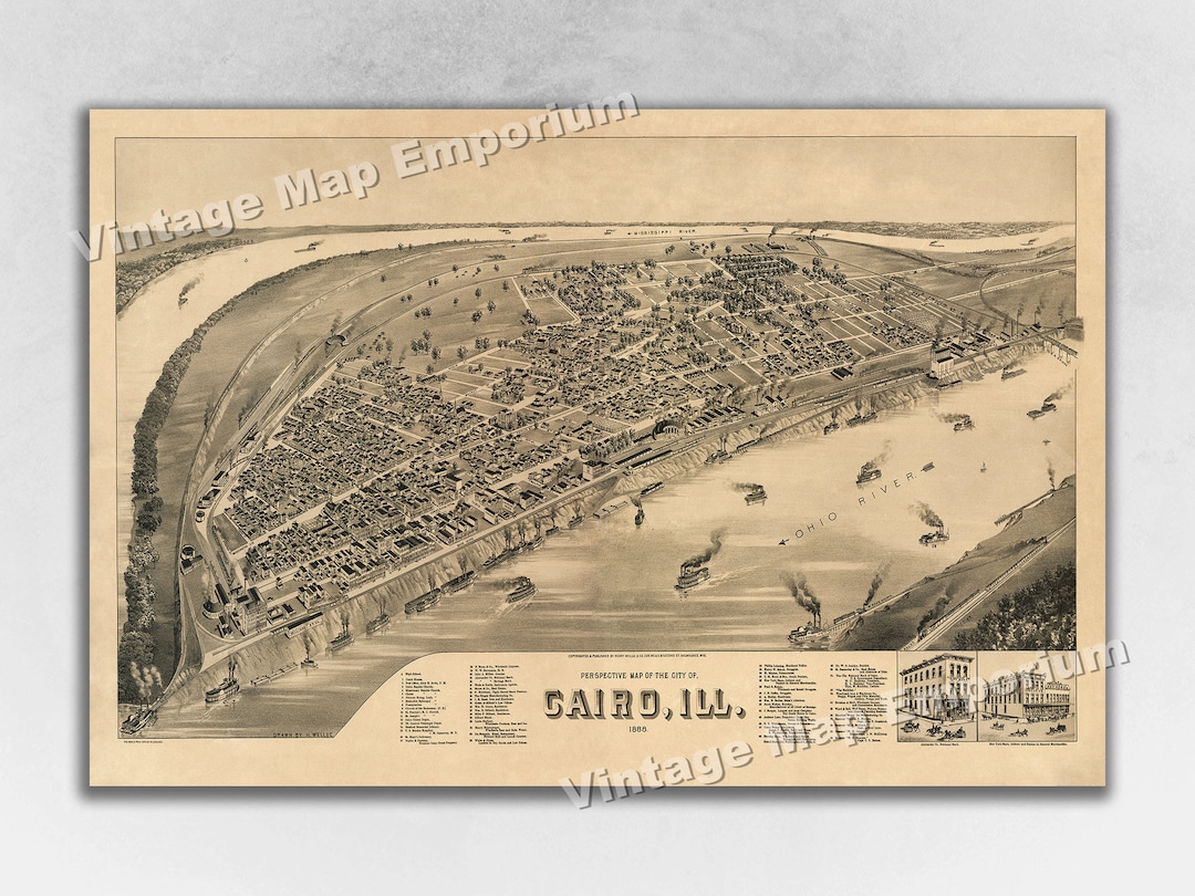 1888 Cairo, Illinois Map - Panoramic Old City Map - Historic Birds Eye ...