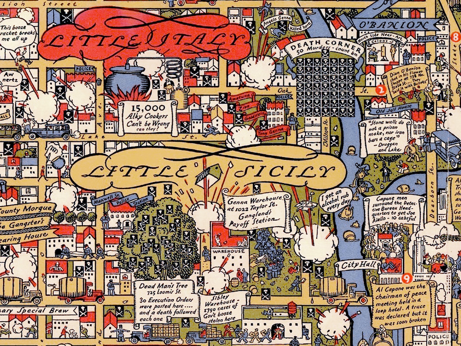 1931 “A Map of Chicago’s Gangland” Vintage Pictorial Gangster Map ...