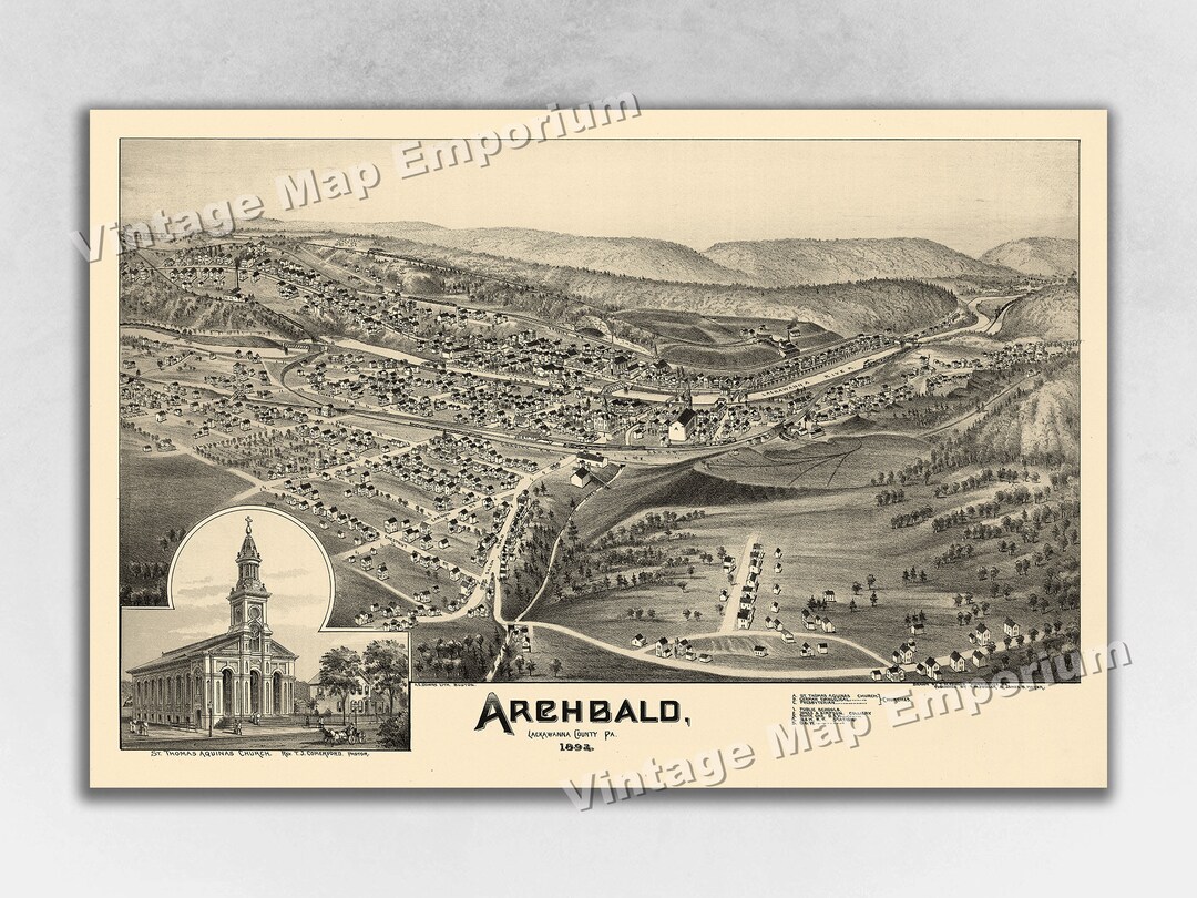 1892 Archbald, Pennsylvania Map Panoramic Old City Map Historic Birds ...