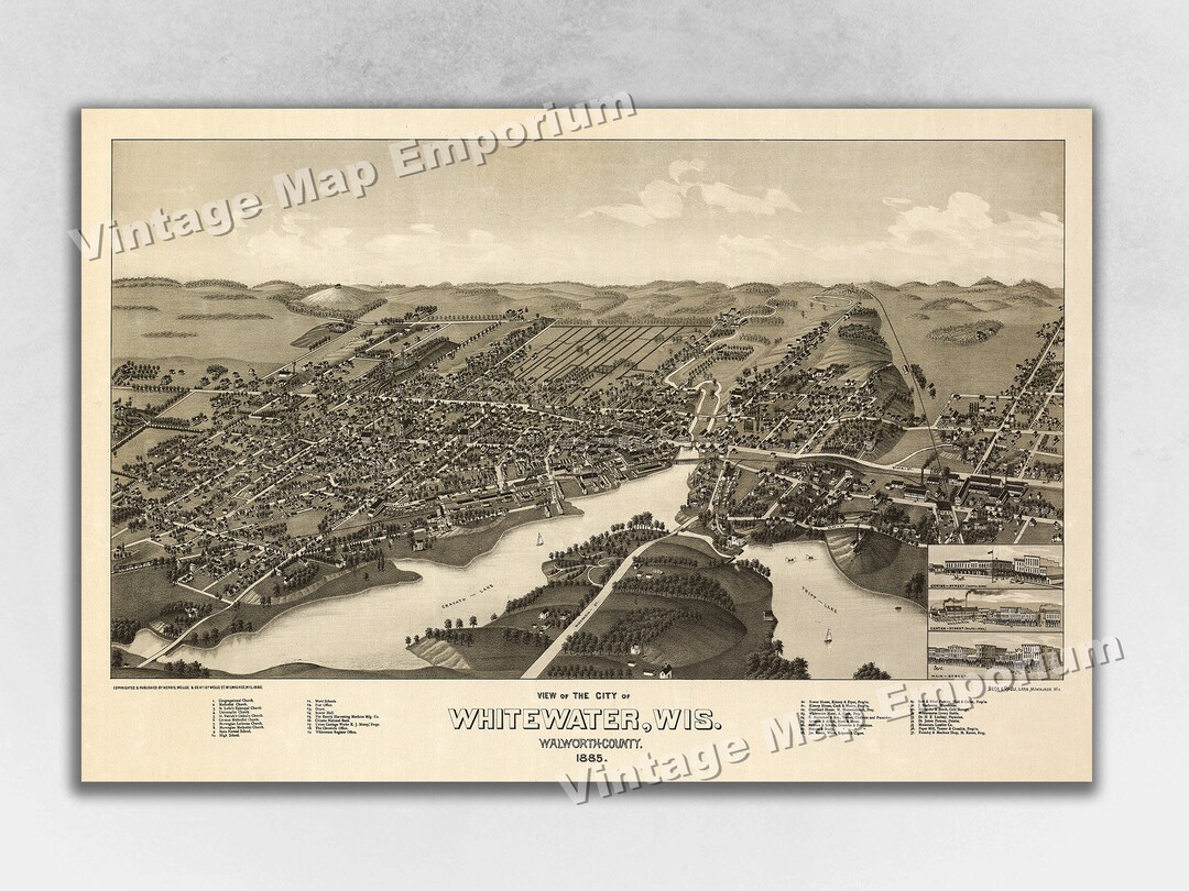 1885 Whitewater, Wisconsin Map - Panoramic Old City Map - Historic ...