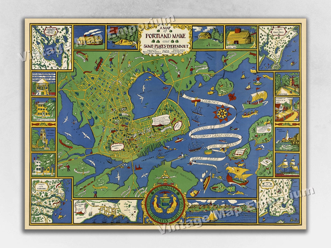 1928 Portland Maine Historic Vintage Style Pictorial Wall Map Art Print ...