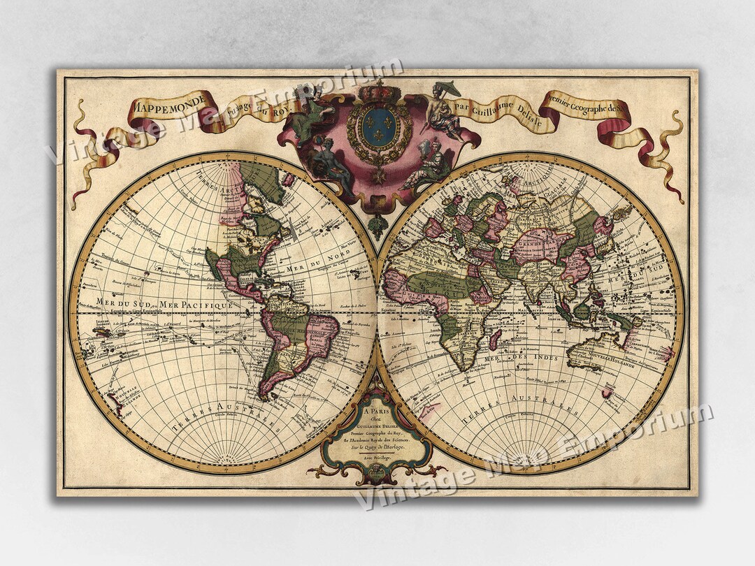 1720 Mappe Monde Du Roy - Old World Exploration Map - Guillaume De L ...