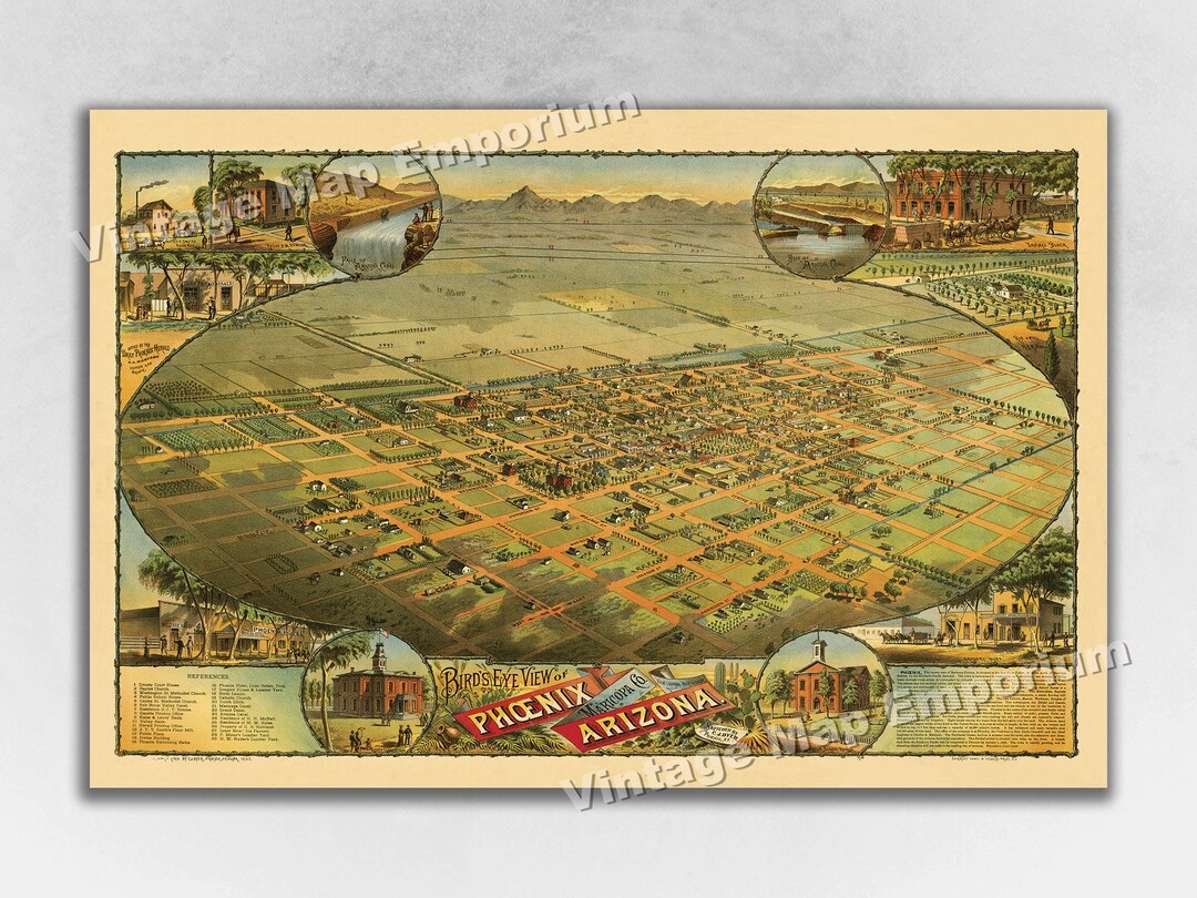 1885 Phoenix, Arizona Old Panoramic City Map - Historic Birds Eye View ...