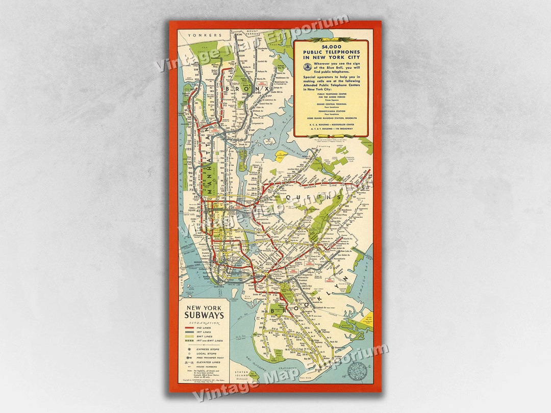 1951 New York City Subway Map - NYC MTA System Historic Map - Vintage ...