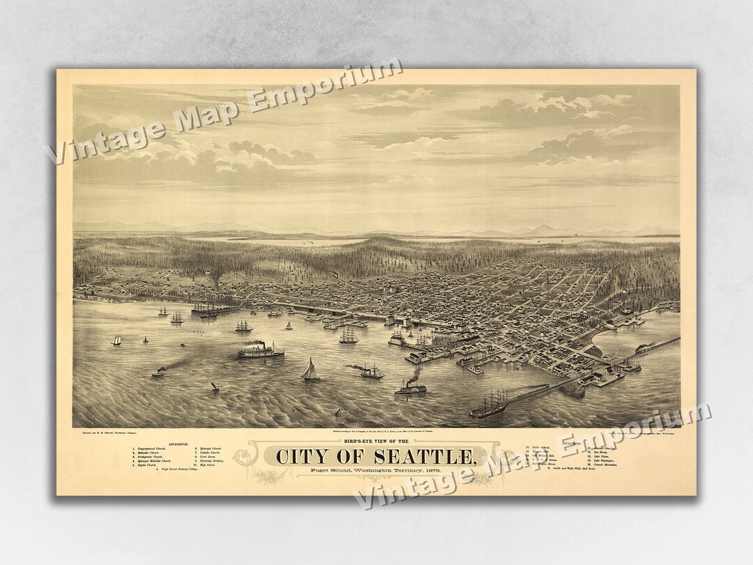 1878 Seattle, Washington Map - Panoramic Old City Map - Historic Birds ...