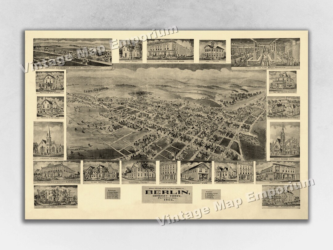 1905 Berlin, Pennsylvania Map - Panoramic Old City Map - Historic Birds ...