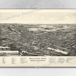 1888 Bellevue, Ohio Map - Panoramic Old City Map - Historic Birds Eye ...