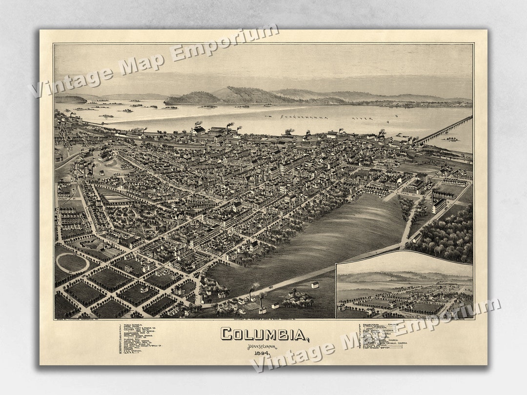 1894 Columbia, Pennsylvania Map - Panoramic Old City Map - Historic ...