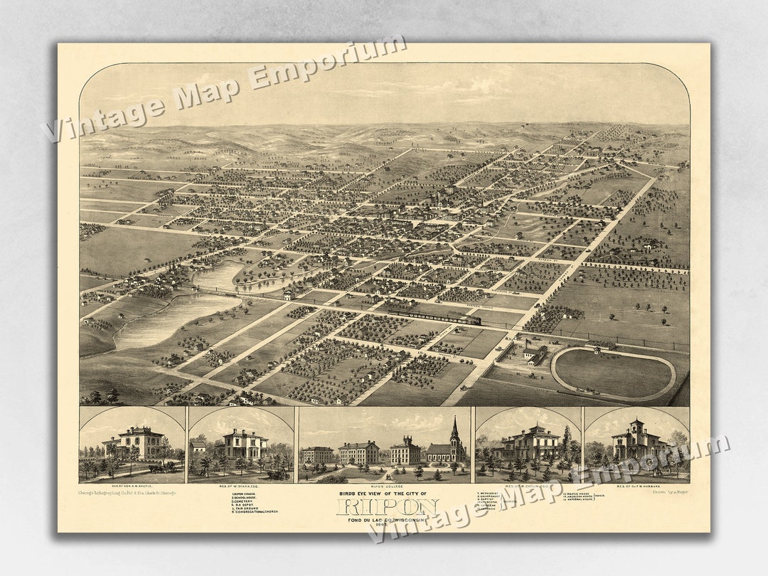 1867 Ripon, Wisconsin Map - Panoramic Old City Map - Historic Birds Eye ...