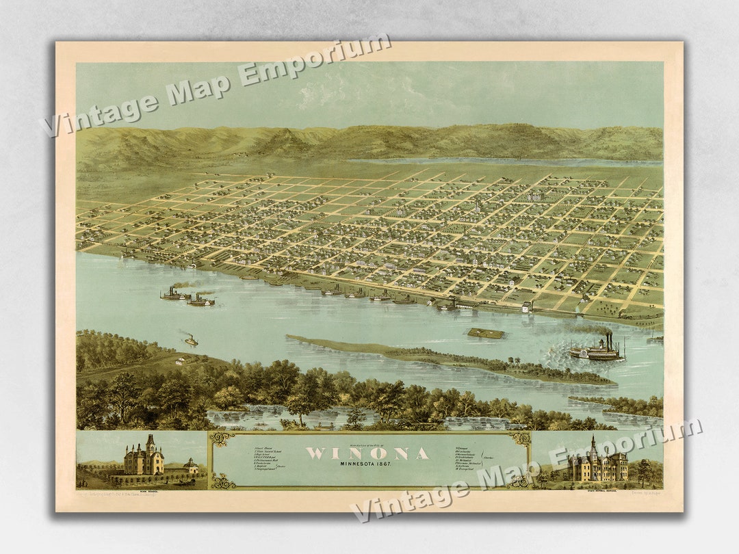 1867 Winona, Minnesota Map - Panoramic Old City Map - Historic Birds ...