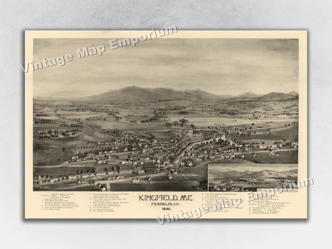 1895 Kingfield, Maine Map - Panoramic Old City Map - Historic Birds Eye ...