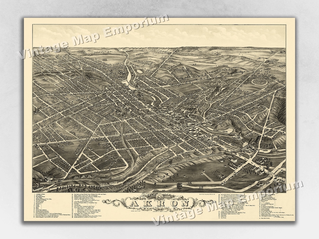 1882 Akron, Ohio Map - Panoramic Old City Map - Historic Birds Eye View ...