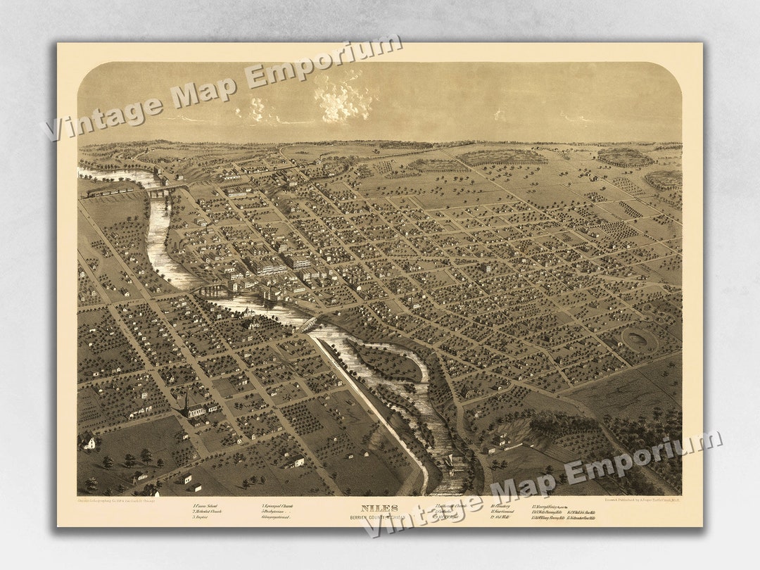 1868 Niles, Michigan Map - Panoramic Old City Map - Historic Birds Eye ...