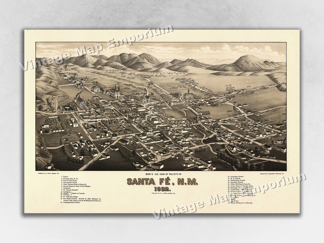 1882 Santa Fe, New Mexico Map - Panoramic Old City Map - Historic Birds ...