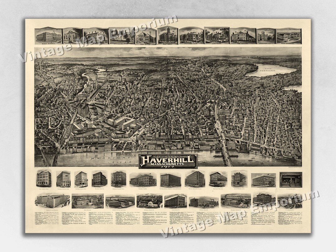 1914 Haverhill, Massachusetts Map - Panoramic Old City Map - Historic ...
