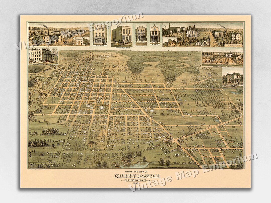 1886 Greencastle, Indiana Map - Panoramic Old City Map - Historic Birds ...