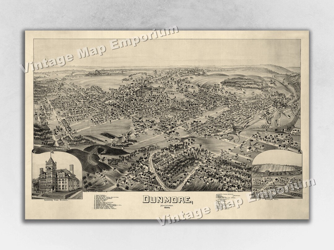 1892 Dunmore, Pennsylvania Map - Panoramic Old City Map - Historic ...