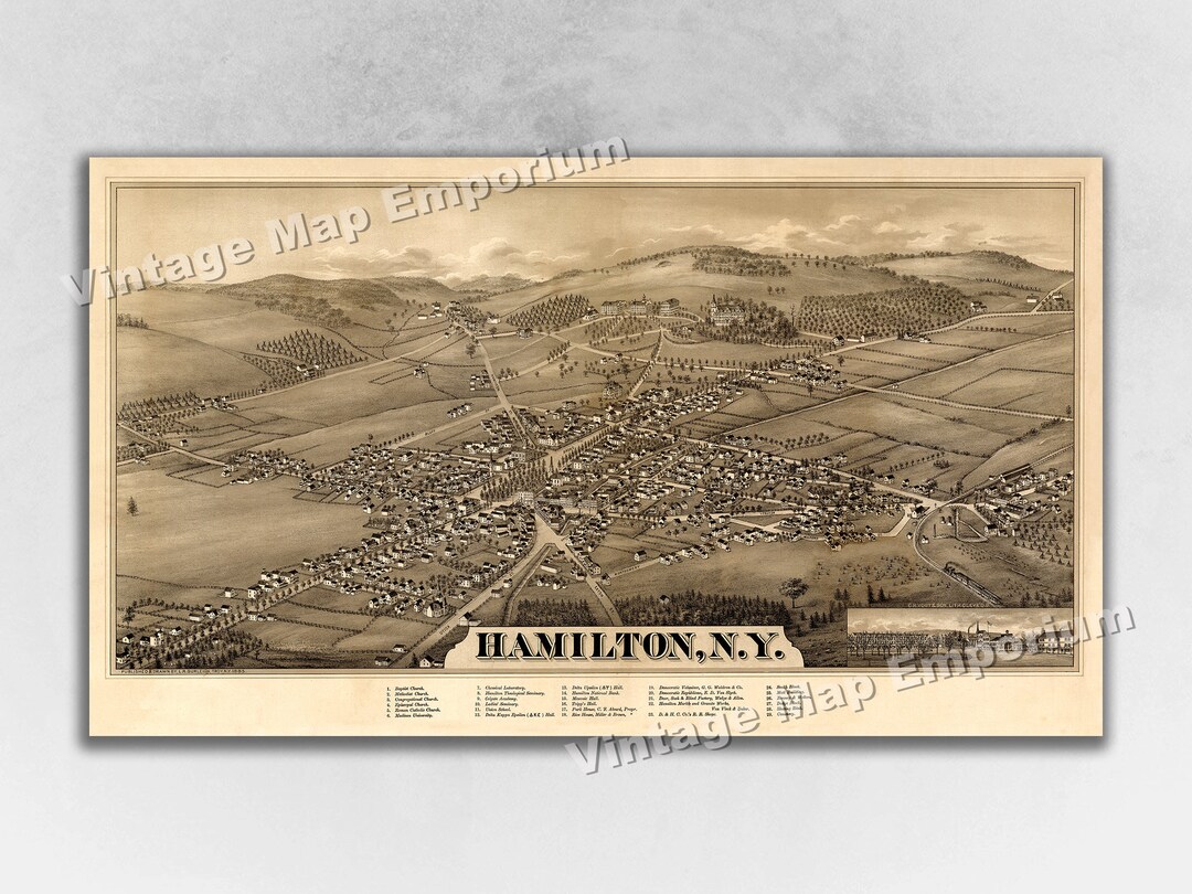 1885 Hamilton, New York Map - Panoramic Old City Map - Historic Birds ...