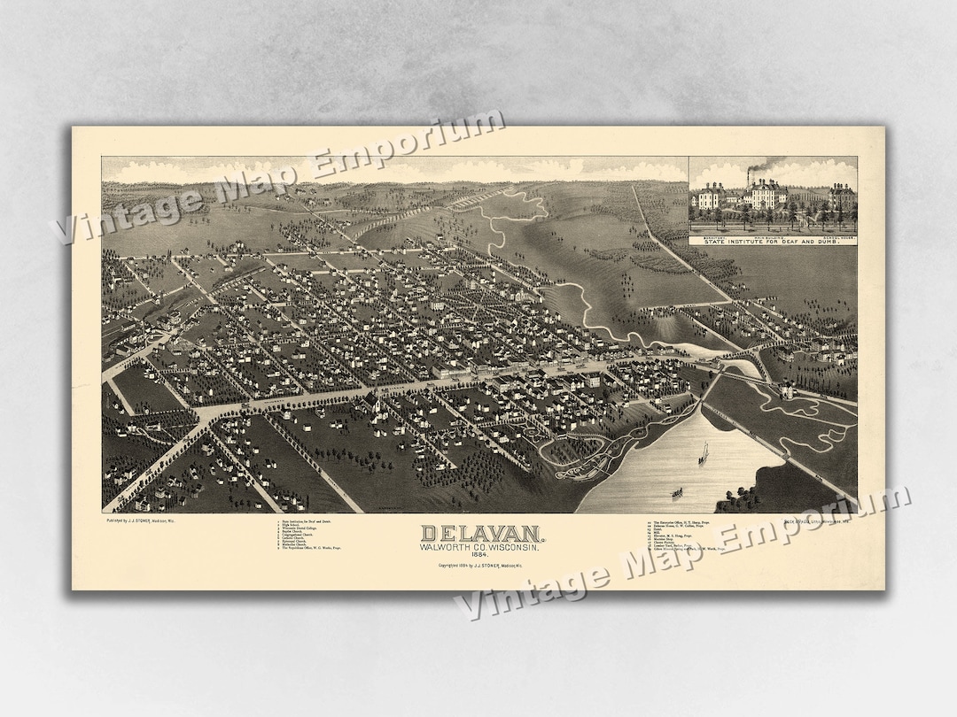 1884 Delavan, Wisconsin Map - Panoramic Old City Map - Historic Birds ...