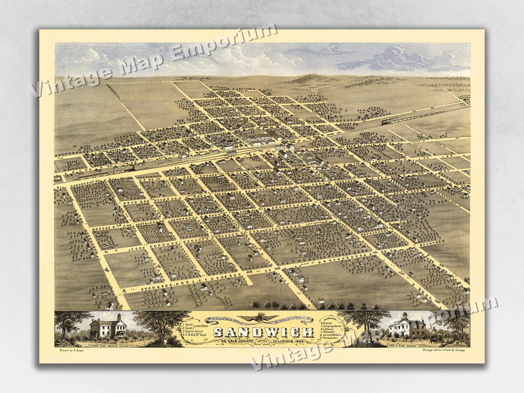 1869 Sandwich, Illinois Map - Panoramic Old City Map - Historic Birds ...