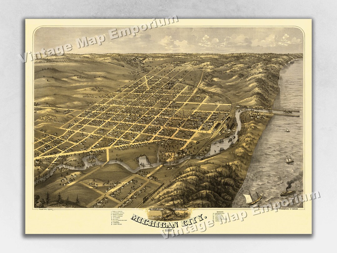 1868 Michigan City, Indiana Map - Panoramic Old City Map - Historic ...