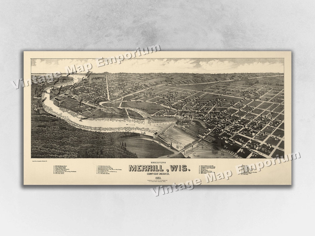 1883 Merrill, Wisconsin Map - Panoramic Old City Map - Historic Birds ...