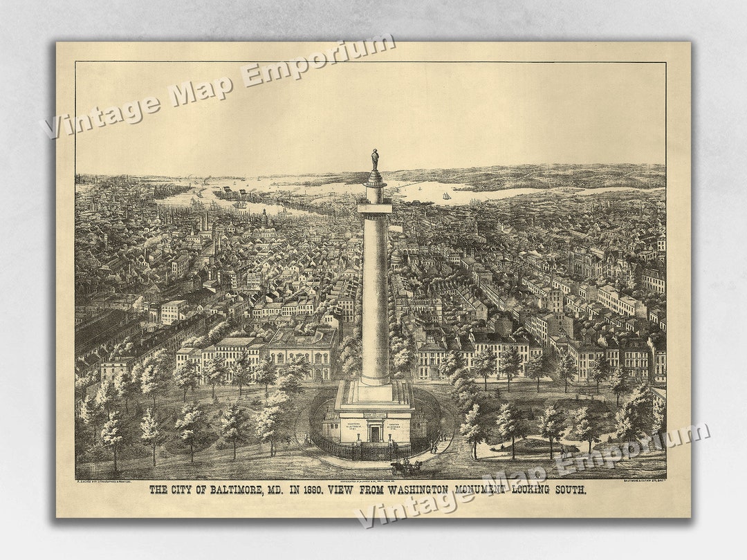 1880 Baltimore, Maryland Map - Panoramic Old City Map - Historic Birds ...