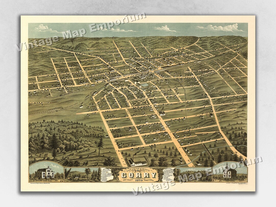 1870 Corry, Pennsylvania Map - Panoramic Old City Map - Historic Birds ...