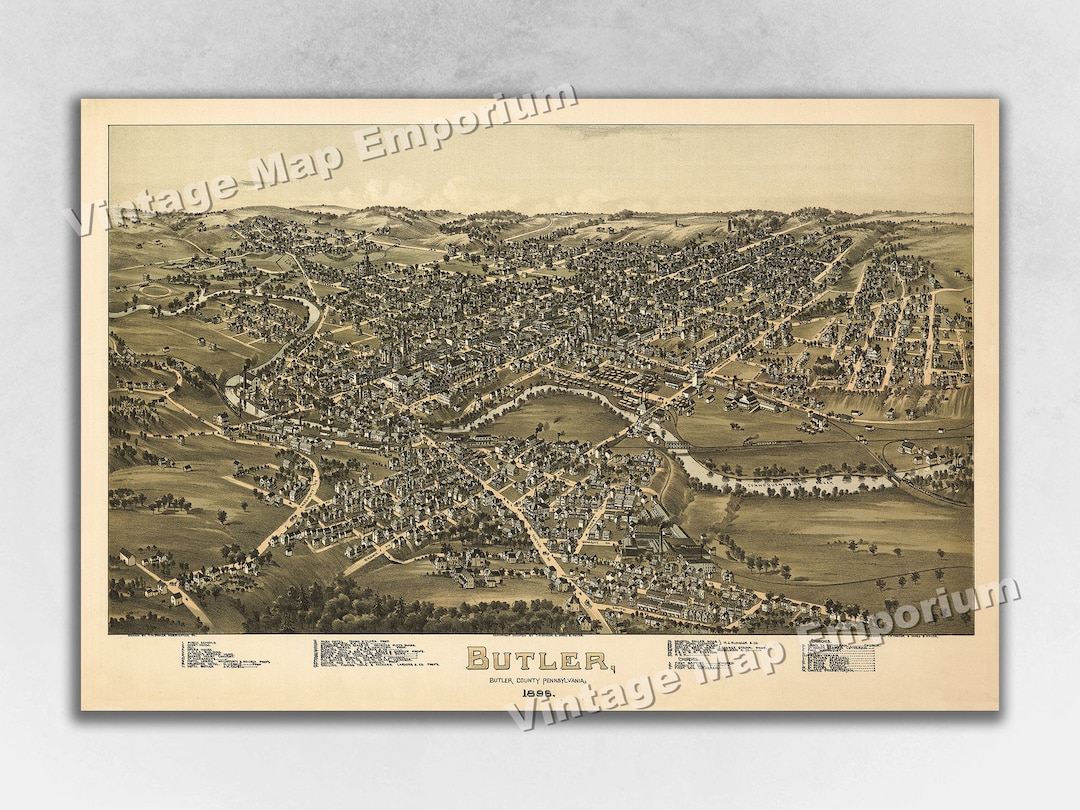 1896 Butler, Pennsylvania Map - Panoramic Old City Map - Historic Birds ...