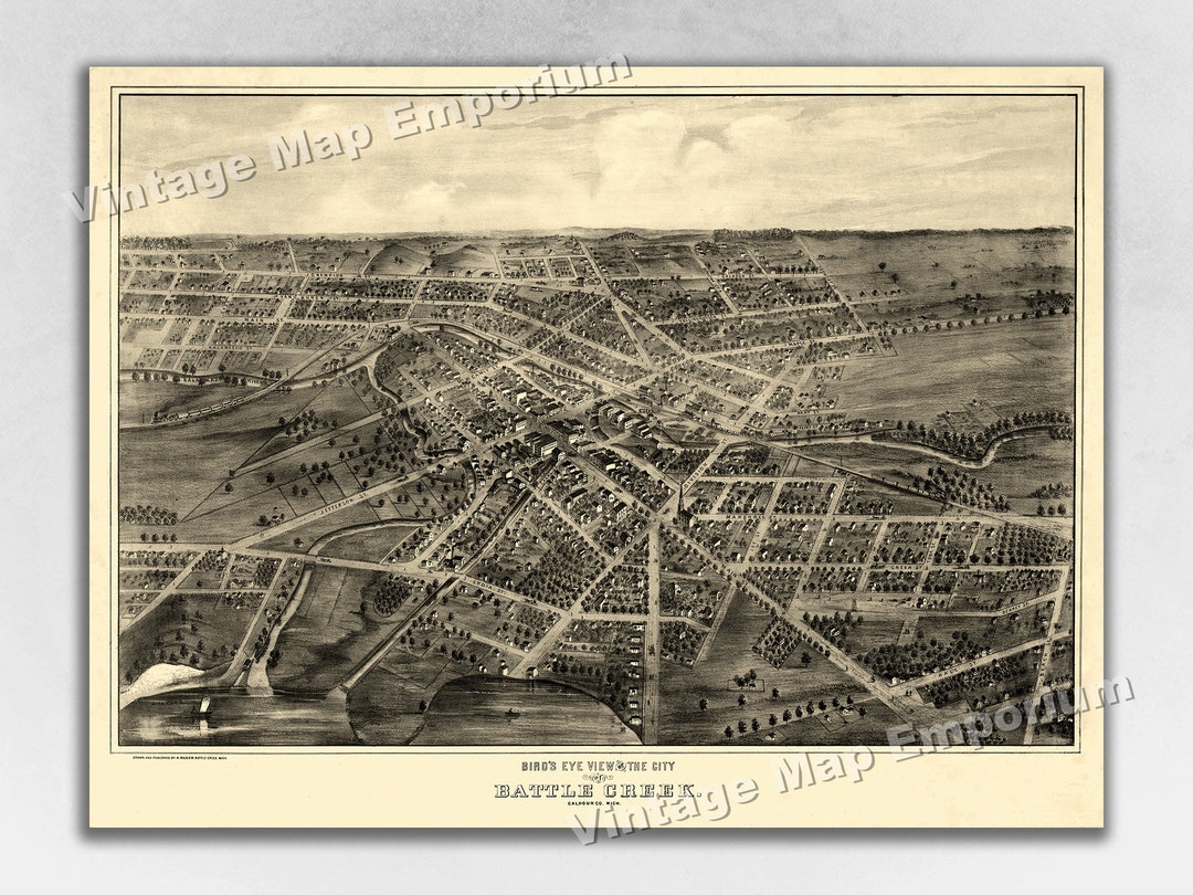 1870 Battle Creek, Michigan Map - Panoramic Old City Map - Historic ...