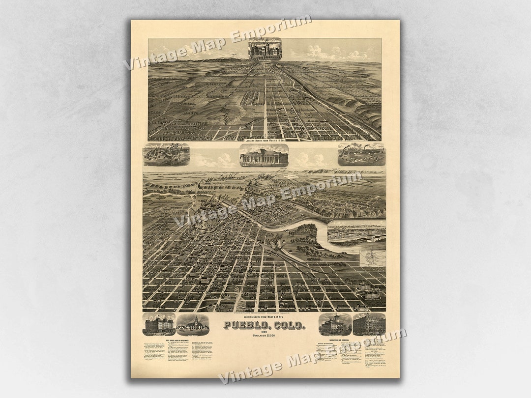 1890 Pueblo, Colorado Map - Panoramic Old City Map - Historic Birds Eye ...