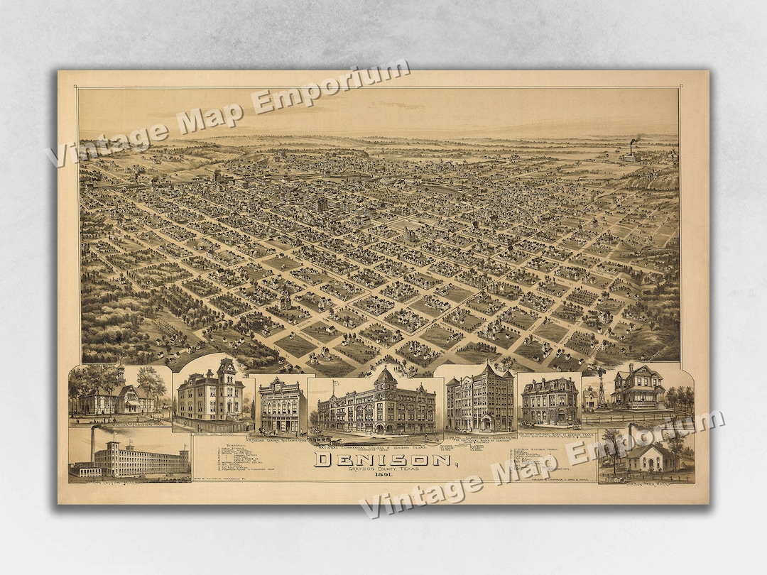 1891 Denison, Texas Map - Panoramic Old City Map - Historic Birds Eye ...