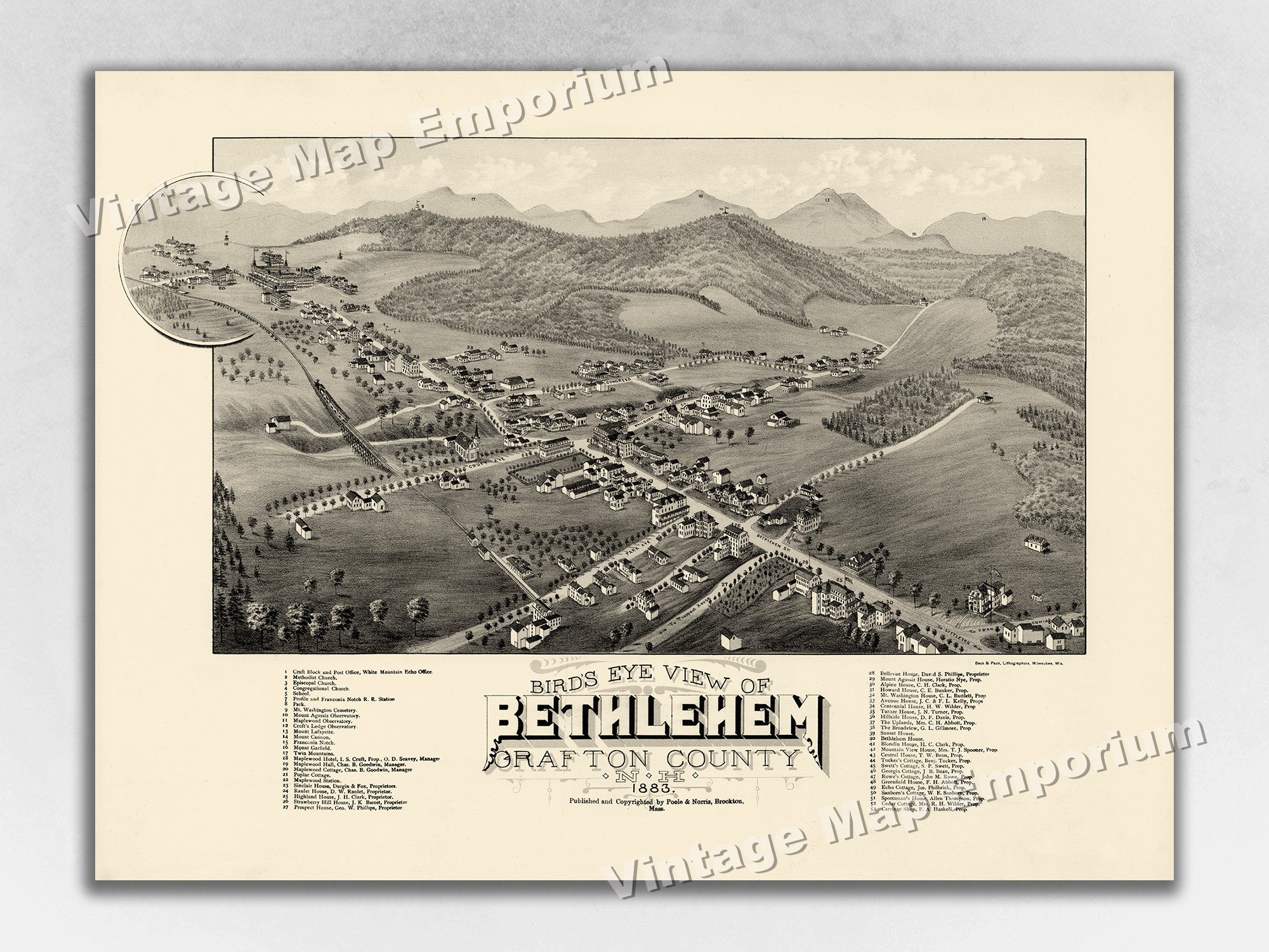 1883 Bethlehem New Hampshire Map Panoramic Old City Map - Etsy