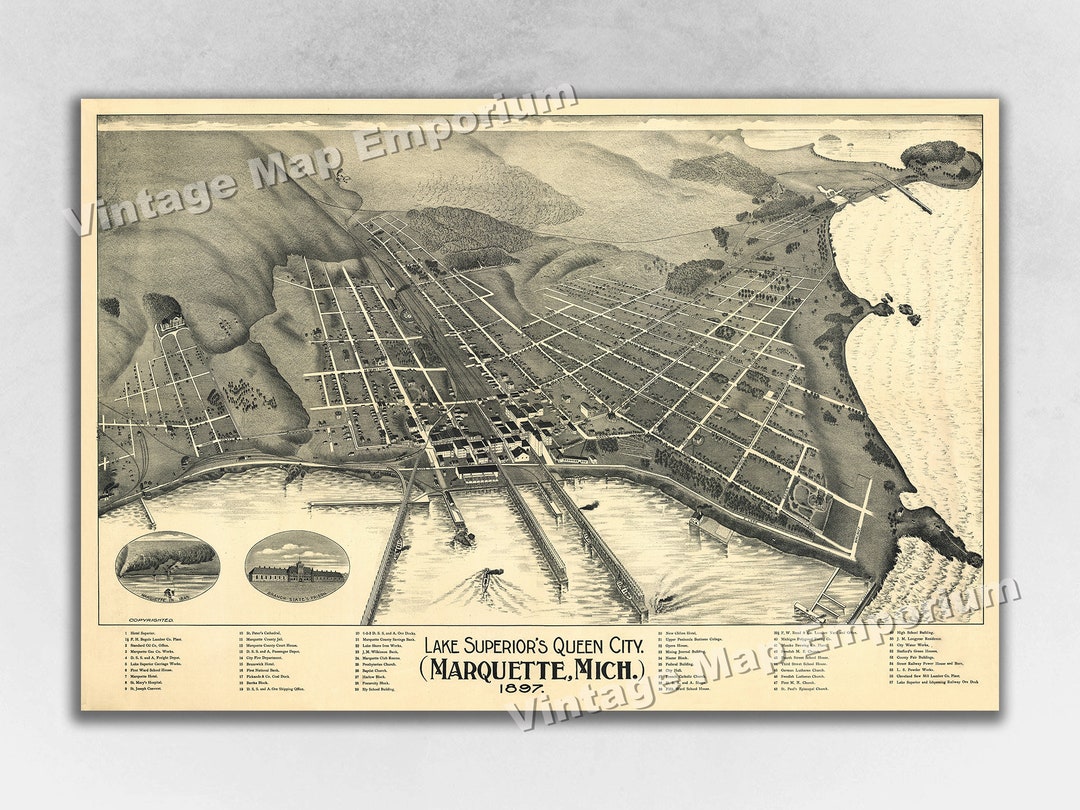 1897 Marquette, Michigan Map - Panoramic Old City Map - Historic Birds ...