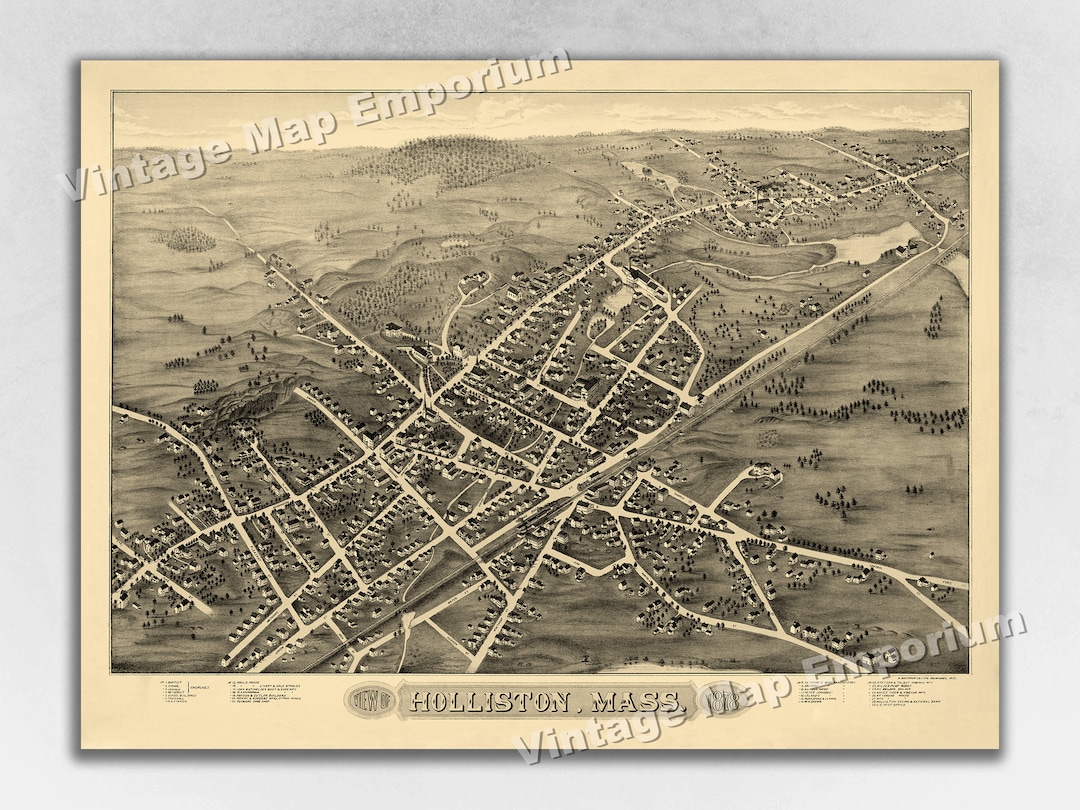 1878 Holliston, Massachusetts Map Panoramic Old City Map Historic Birds ...