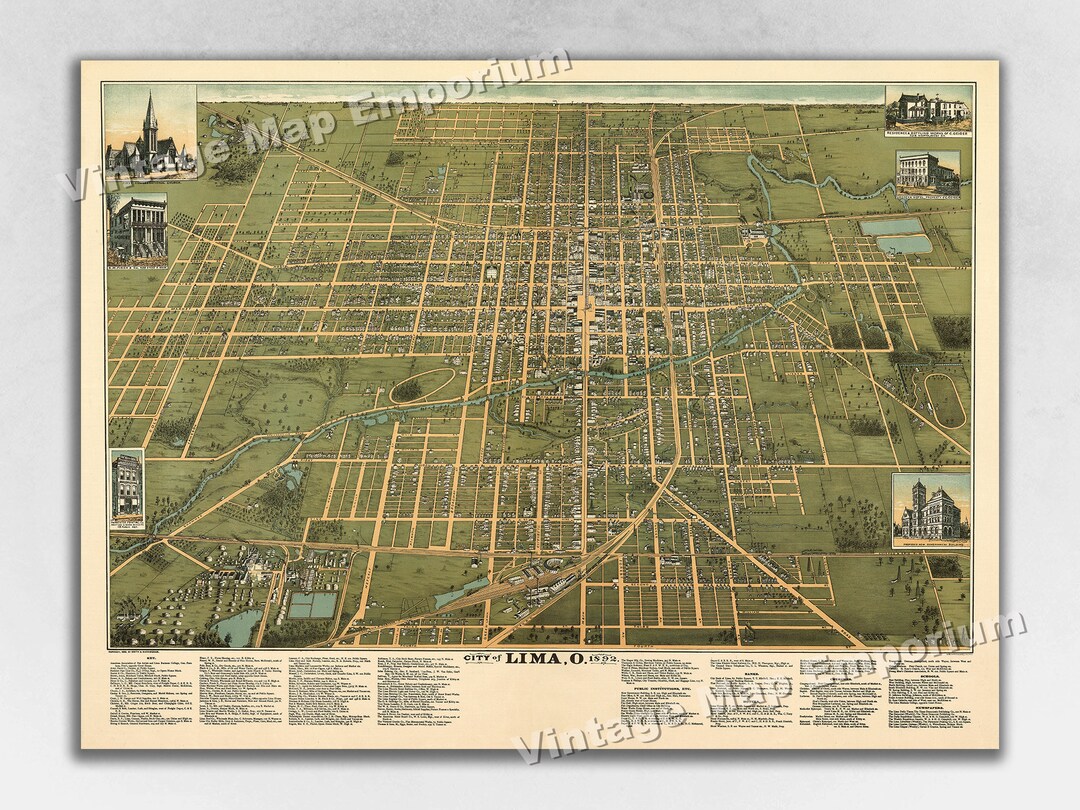1892 Lima, Ohio Map - Panoramic Old City Map - Historic Birds Eye View ...