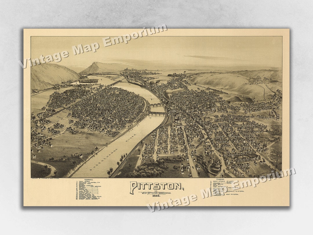 1892 Pittston, Pennsylvania Map - Panoramic Old City Map - Historic ...