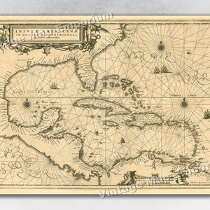 1650 Gulf of Mexico Florida Caribbean Bahamas - Insulae Americanae - Vintage Old World Nautical ...