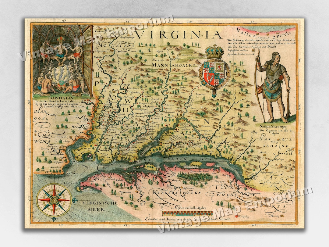 1627 Map of Virginia by John Smith Historic Vintage Style Wall Map ...
